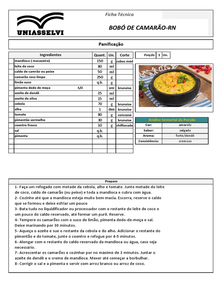 Ficha Técnica - Bobó de Camarão | PDF