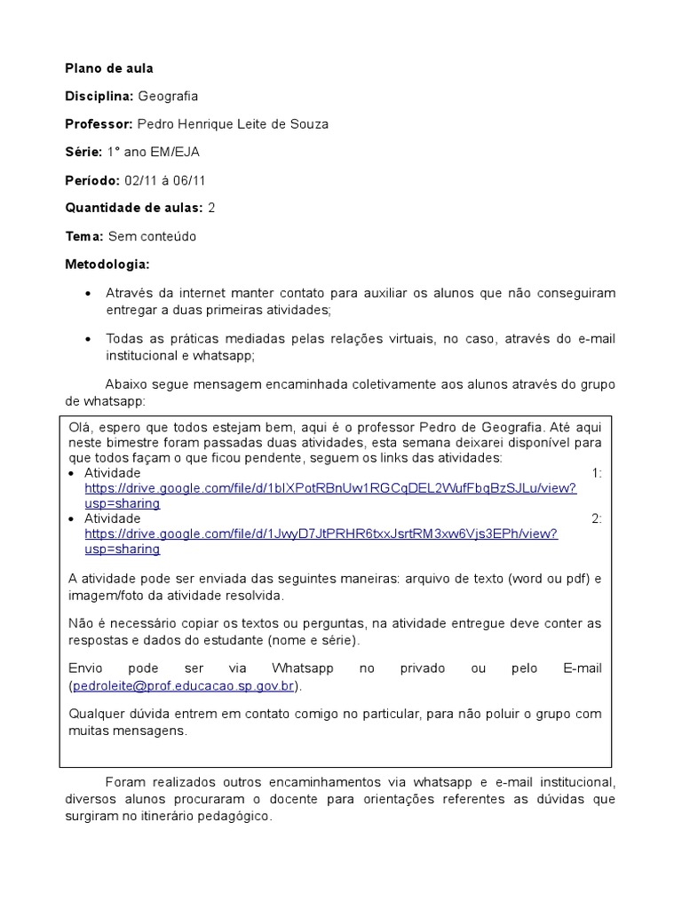 Plano de Aula 1 Ano - 02 - 11 Á 06 - 11 | PDF