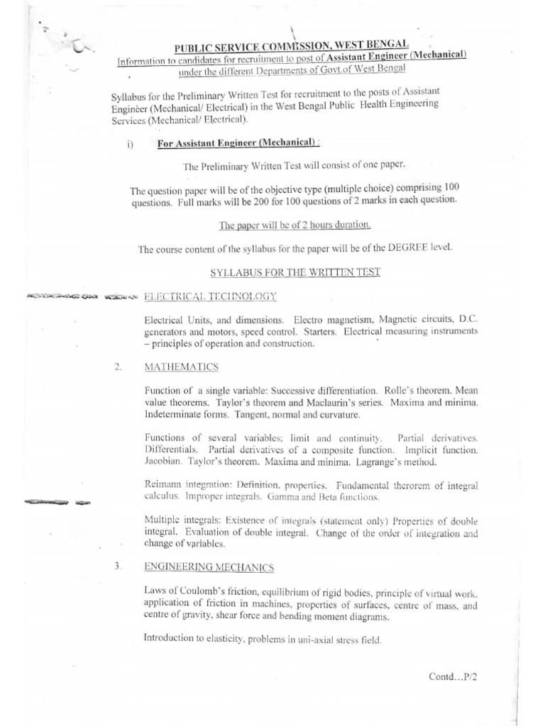 PSC AE Mechanical Electrical Syllabus-Print | PDF | Engines | Bending