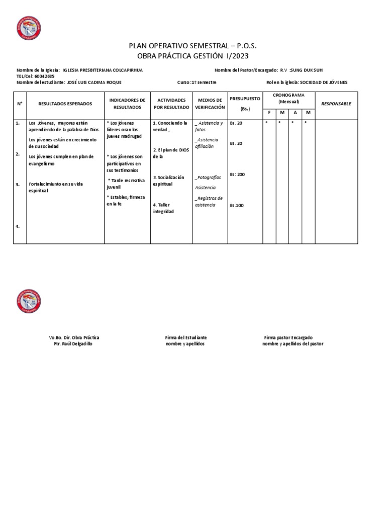 Plan Operativo Semestral Iglesia 2023 | PDF | protestantismo | Familias ...