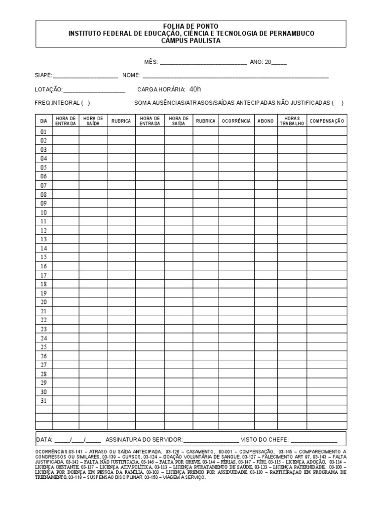 Modelo FOLHA DE PONTO | PDF