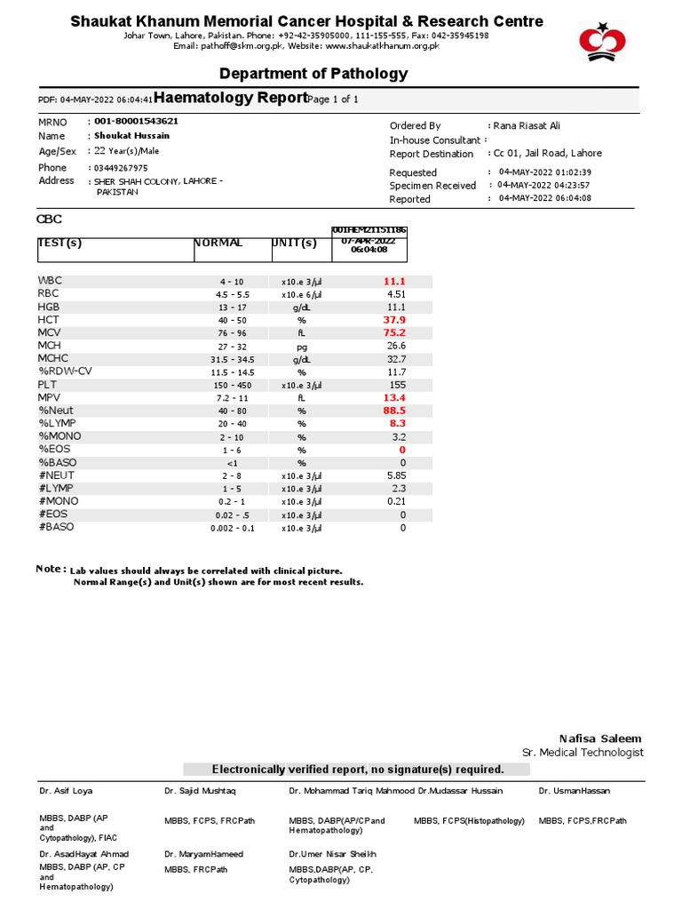Shoukat Lab Report | PDF | Health Care | Pathology