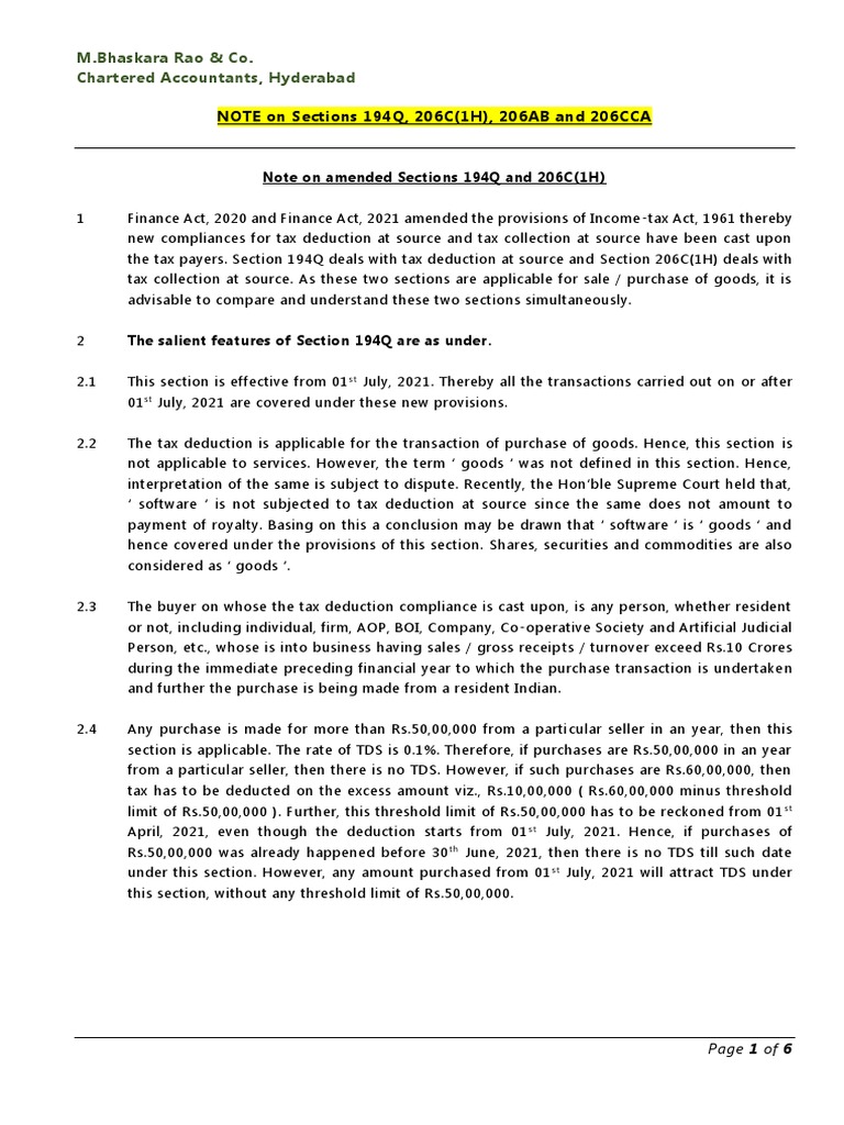 Income Tax Act: Sections 194Q & 206C(1H) Explained | PDF | Taxes | Receipt