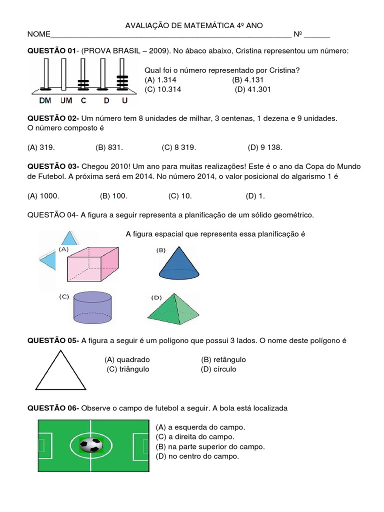 AVALIAÇÃO DE MATEMATICA 4º ANO. 1b PDF | PDF | Matemática