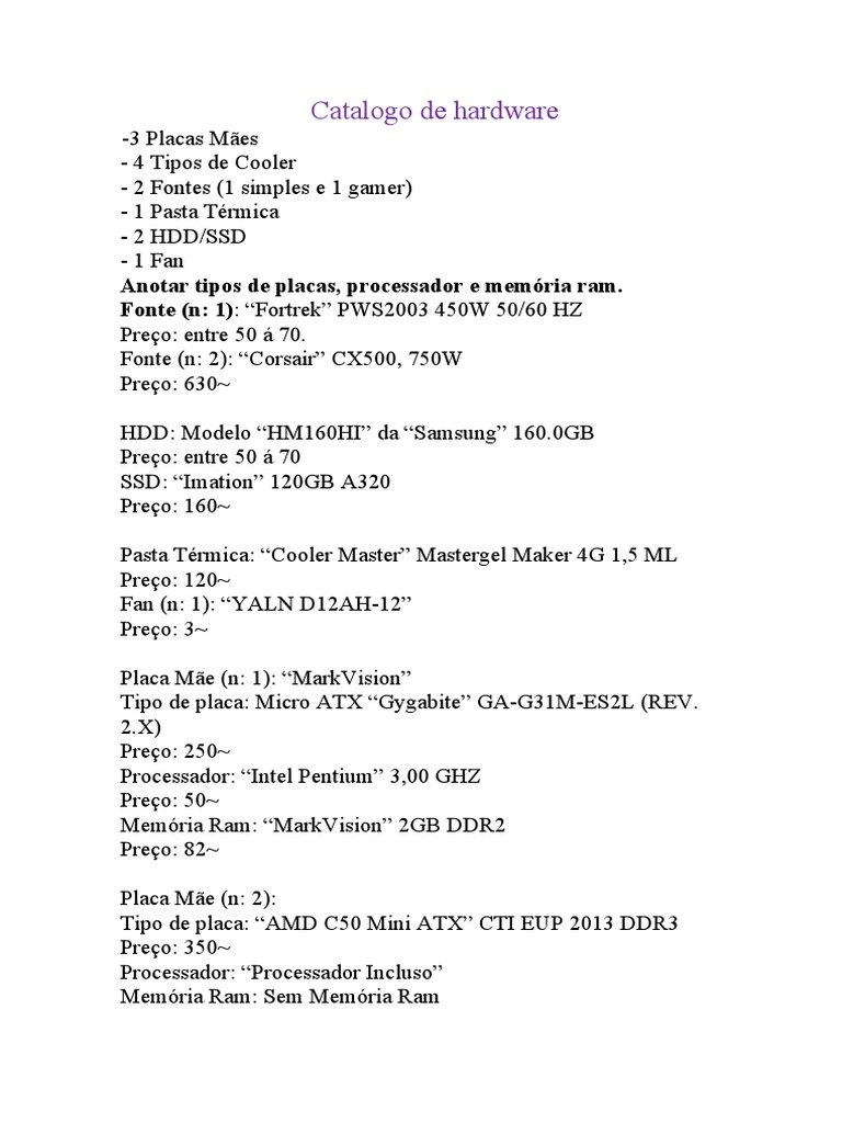 Catálogo Completo de Hardware e Preços | PDF | Computadores