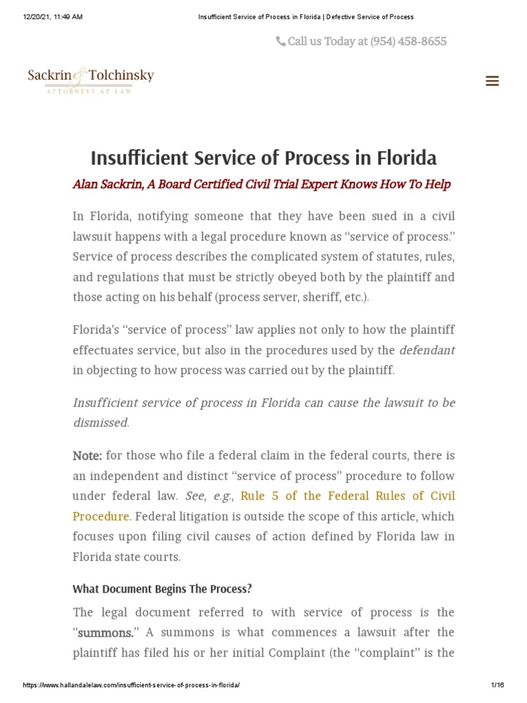 Insufficient Service of Process in Florida - Defective Service of ...