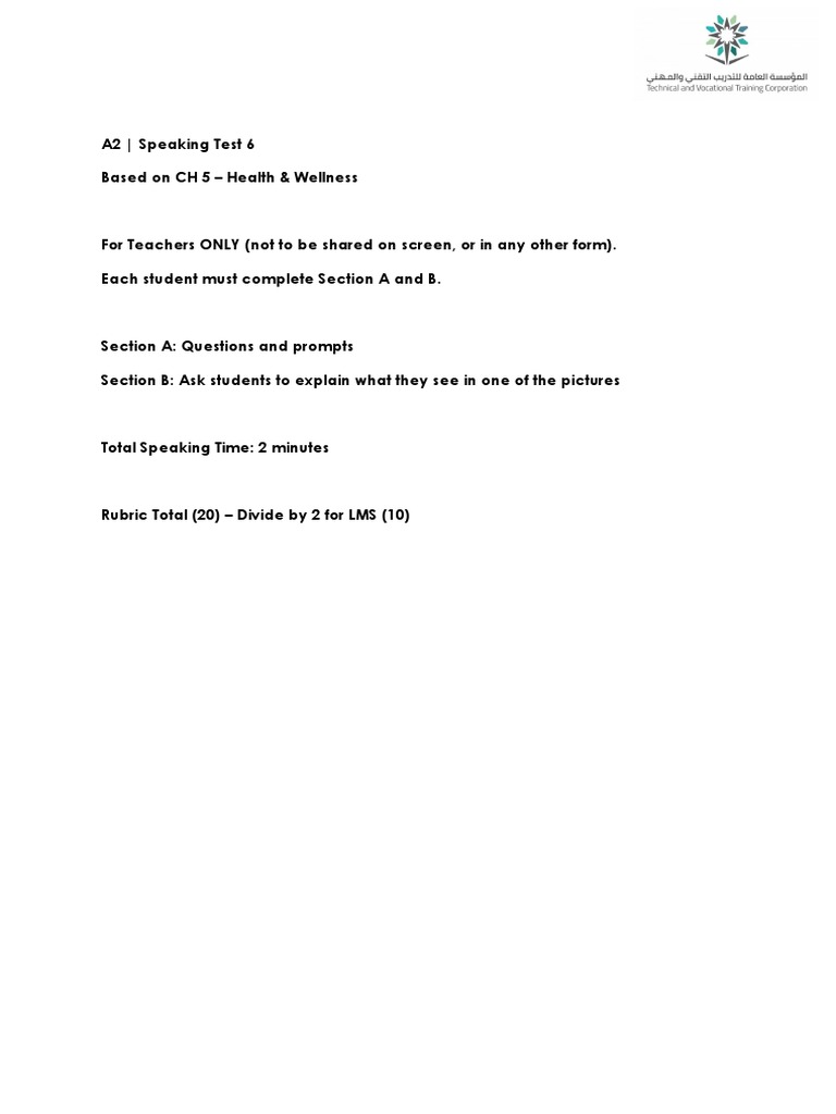 A2 Speaking Test 6 (Teacher Copy) | PDF