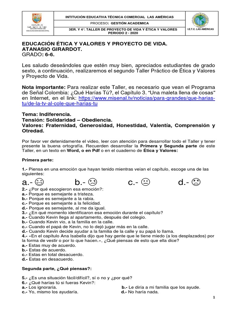 TALLER No. 3 Y No.4. de Ética y Valores Proyecto de Vida Grado 6 6 | PDF