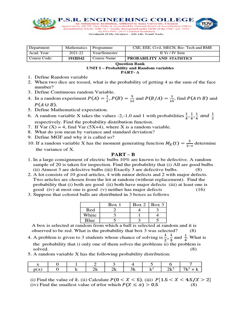 Probability & Statistics QBank | PDF | Probability Density Function | Probability Distribution