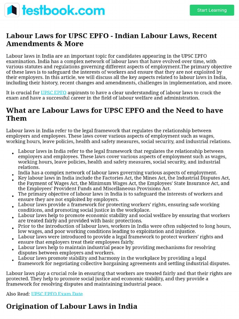Labour Laws For UPSC EPFO - Indian Labour Laws, Recent Amendments & More | PDF