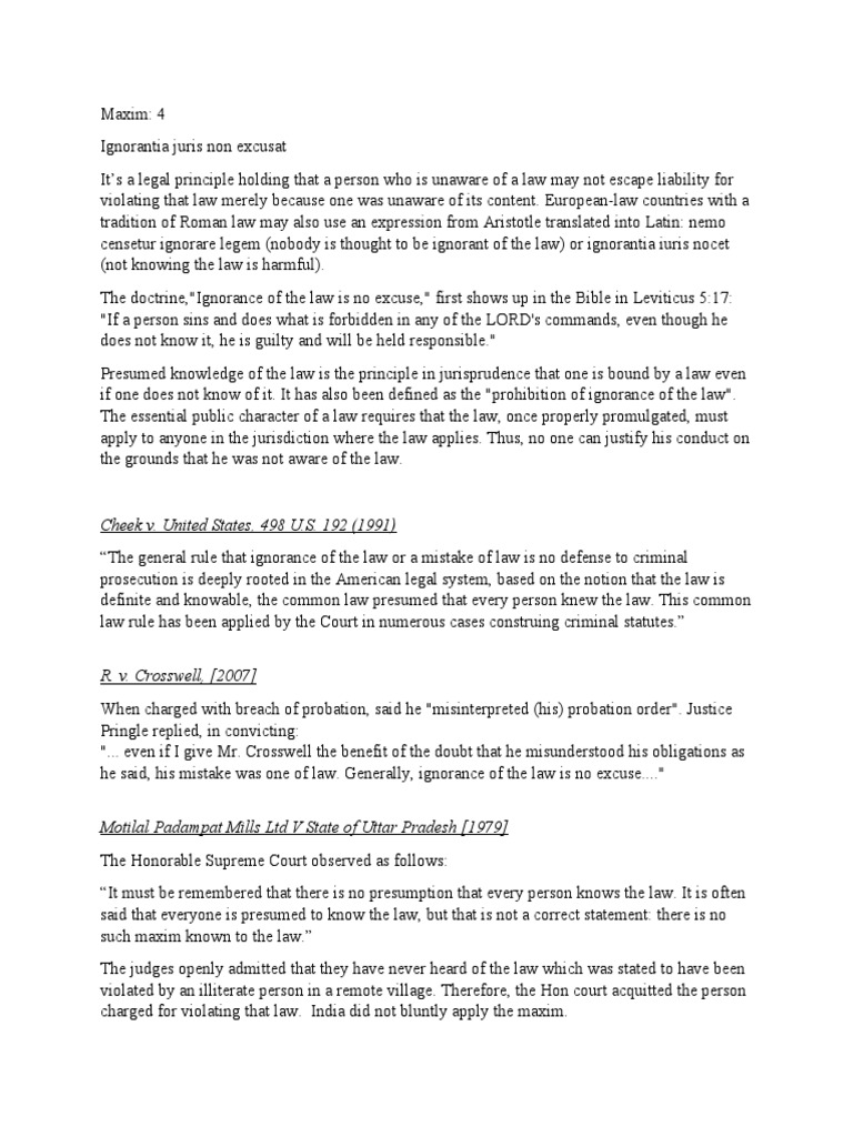 Ignorantia Juris Non Excusat - Maxim 4 | PDF | Justice | Crime & Violence