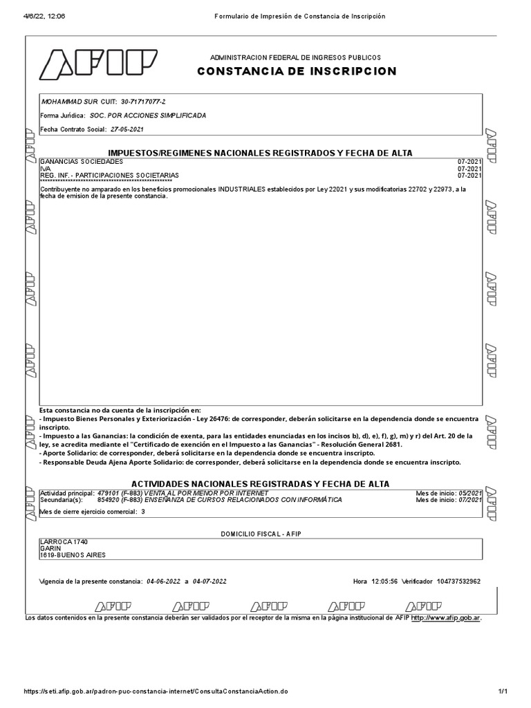 Certificado AFIP Mohammad y Asociados | PDF | Impuesto sobre la renta ...