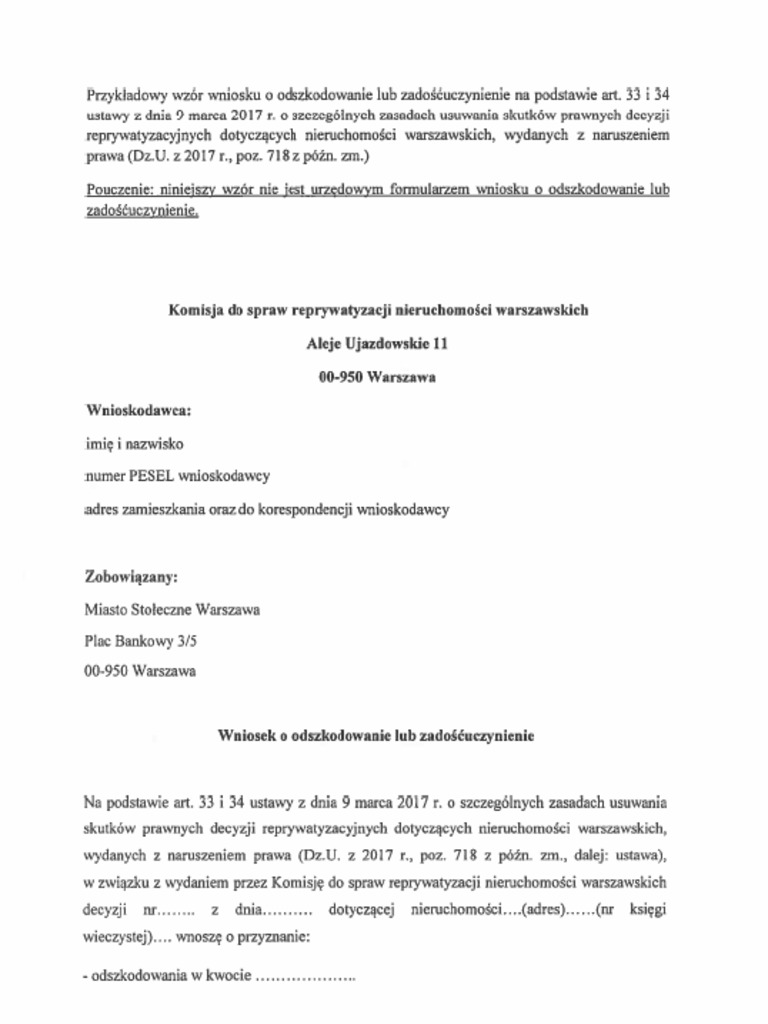 Przykładowy Wzór Wniosku o Odszkodowanie Lub Zadośćuczynienie PDF | PDF