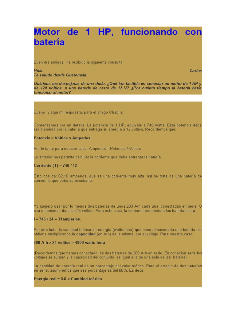 Motor 1 HP con Batería: Viabilidad y Cálculo | PDF | Corriente eléctrica | Energia electrica