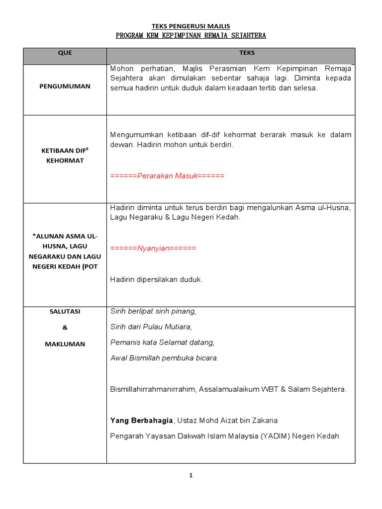 Teks MC Kem Kepimpinan Remaja Sejahtera | PDF | Karier & Perkembangan