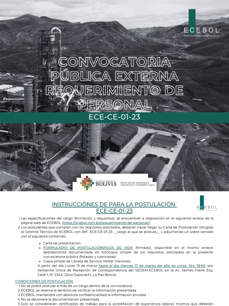 Convocatoria ECEBOL: 18 Puestos en Oruro | PDF | Ingeniería Química | Ingeniería
