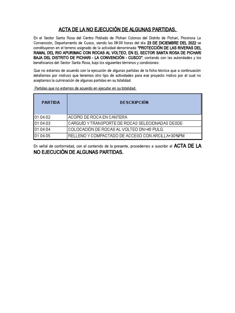 Acta de La No Ejecución de Algunas Partidas | PDF