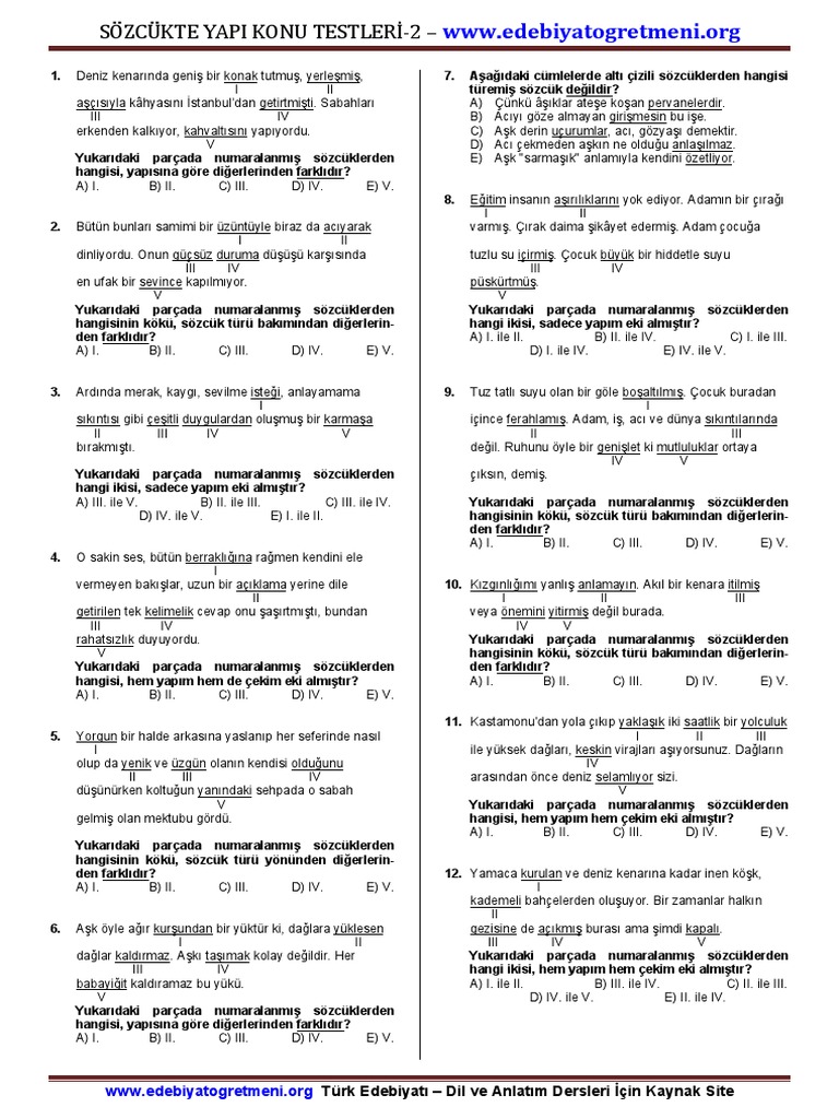 Sözcükte Yapi 2 72 Soru | PDF