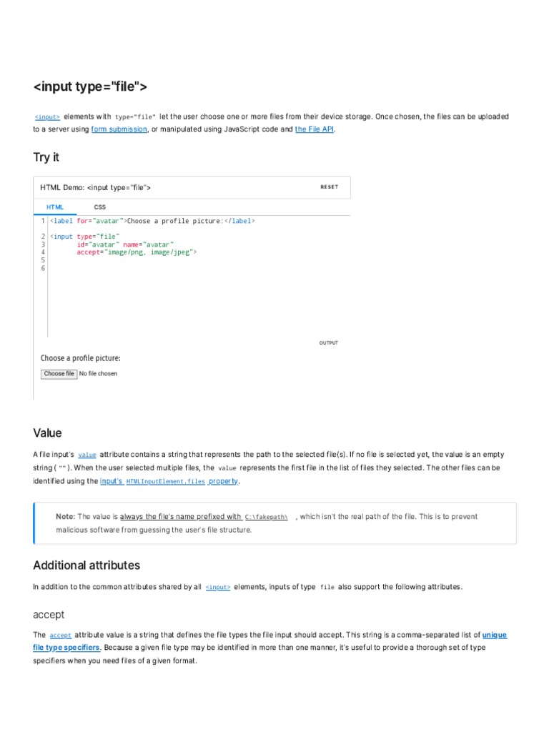 Input Type - File - HTML - HyperText Markup Language - MDN | PDF | Computer File | File Format