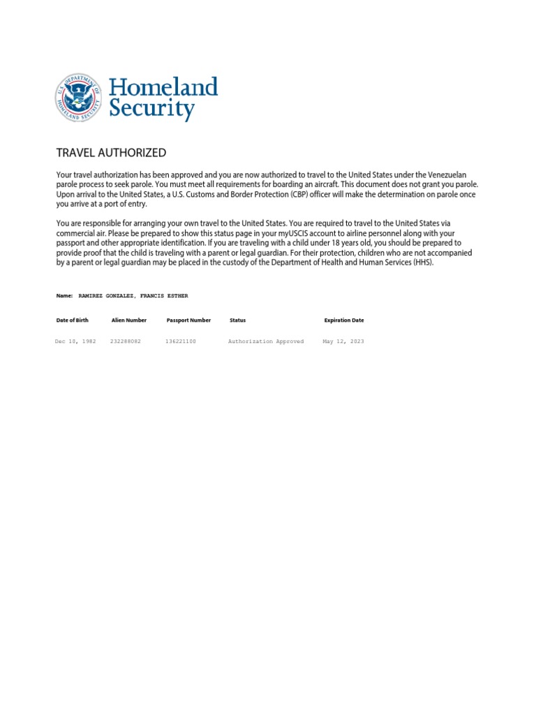 Approved Travel Authorization Notice | PDF