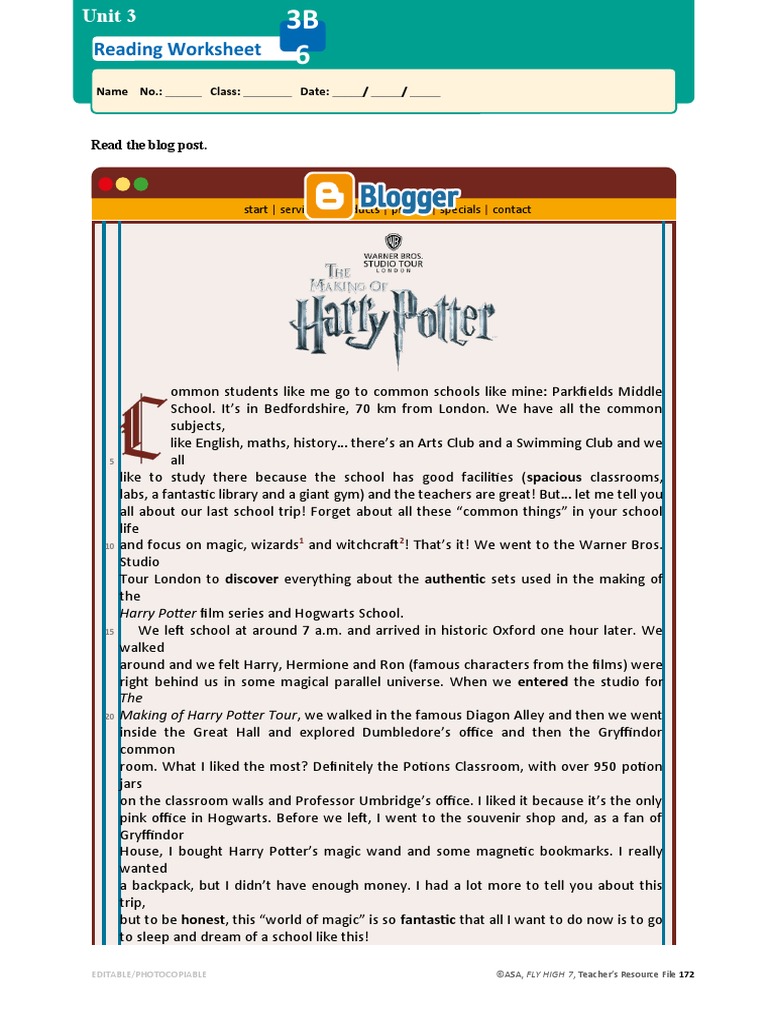 Reading Worksheet 3B | PDF | Harry Potter | Fantasy