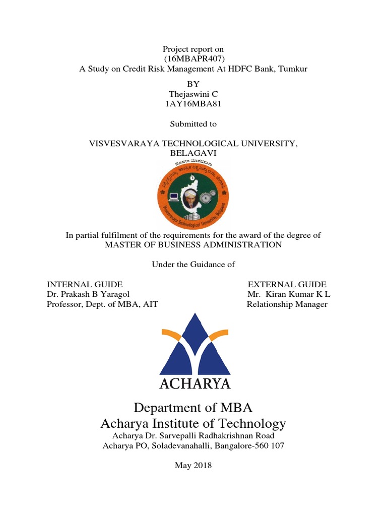 A Study On Credit Risk Management at HDFC Bank, Tumkur PDF | PDF ...