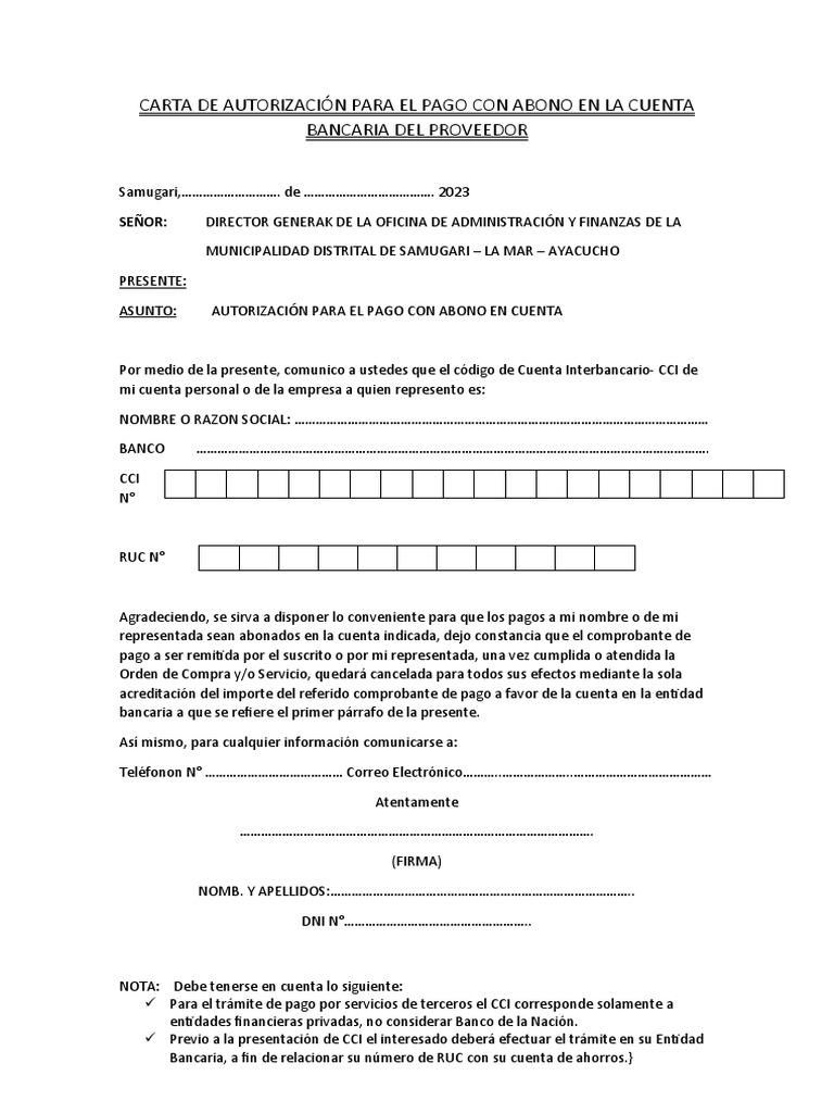 Carta de Autorización para El Pago Con Abono en La Cuenta Bancaria Del ... Carta de Autorización para El Pago Con Abono en La Cuenta Bancaria Del ...
