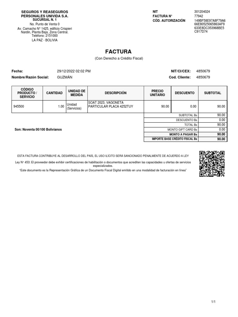 Factura: Seguros Y Reaseguros Personales Univida S.A | PDF | Economias