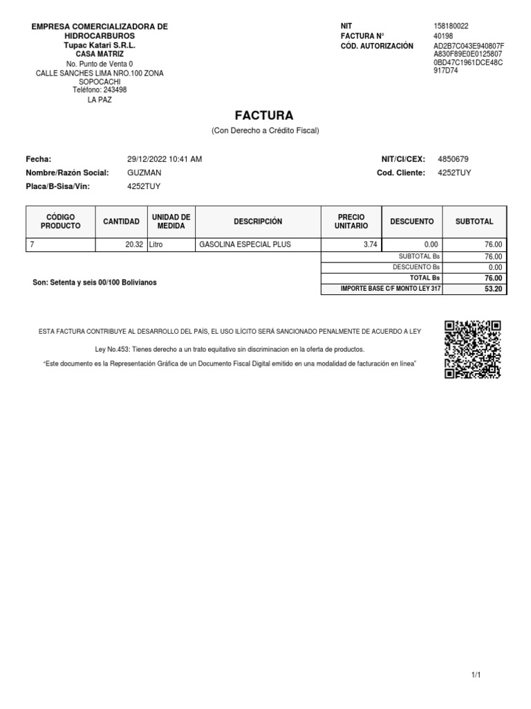 Factura: Empresa Comercializadora de Hidrocarburos Tupac Katari S.R.L | PDF
