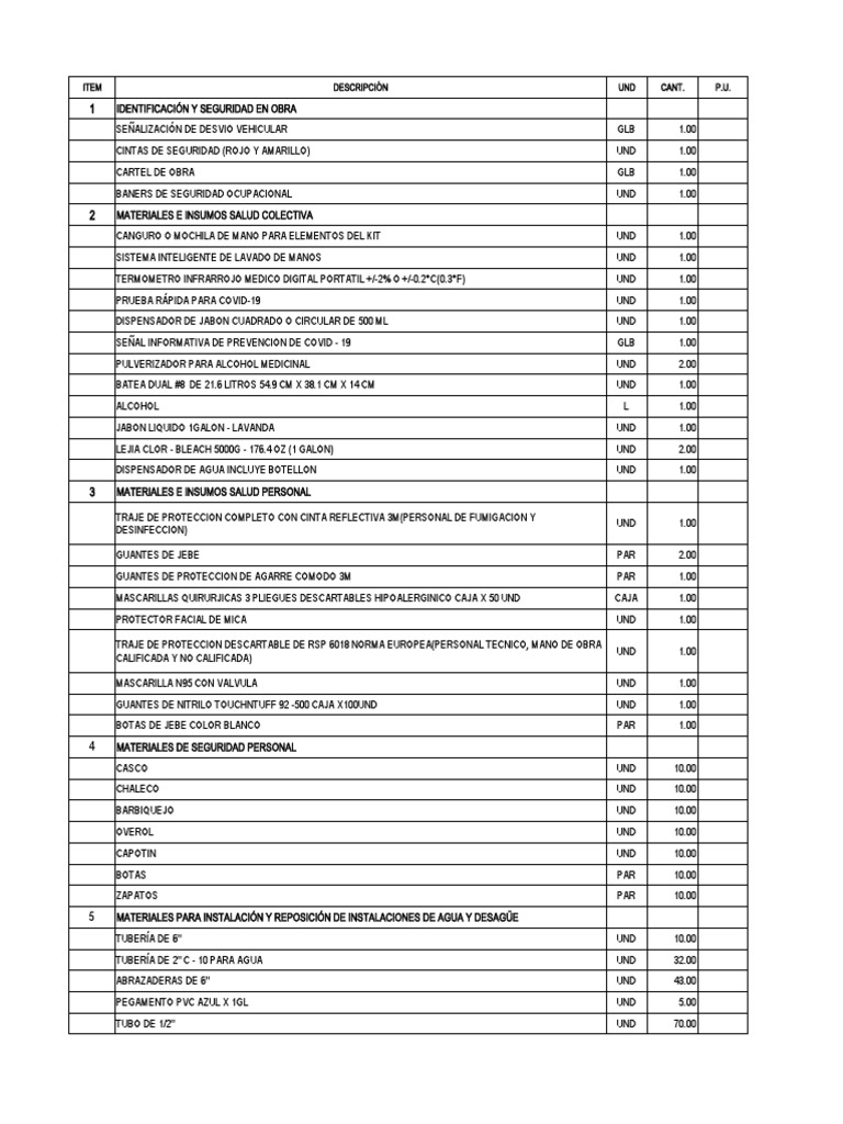 Requerimiento de Materiales de Seguridad y Salud en Obra | PDF