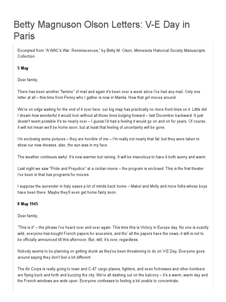 Betty Magnuson Olson Letters V-E Day in Paris - Excerpt | PDF