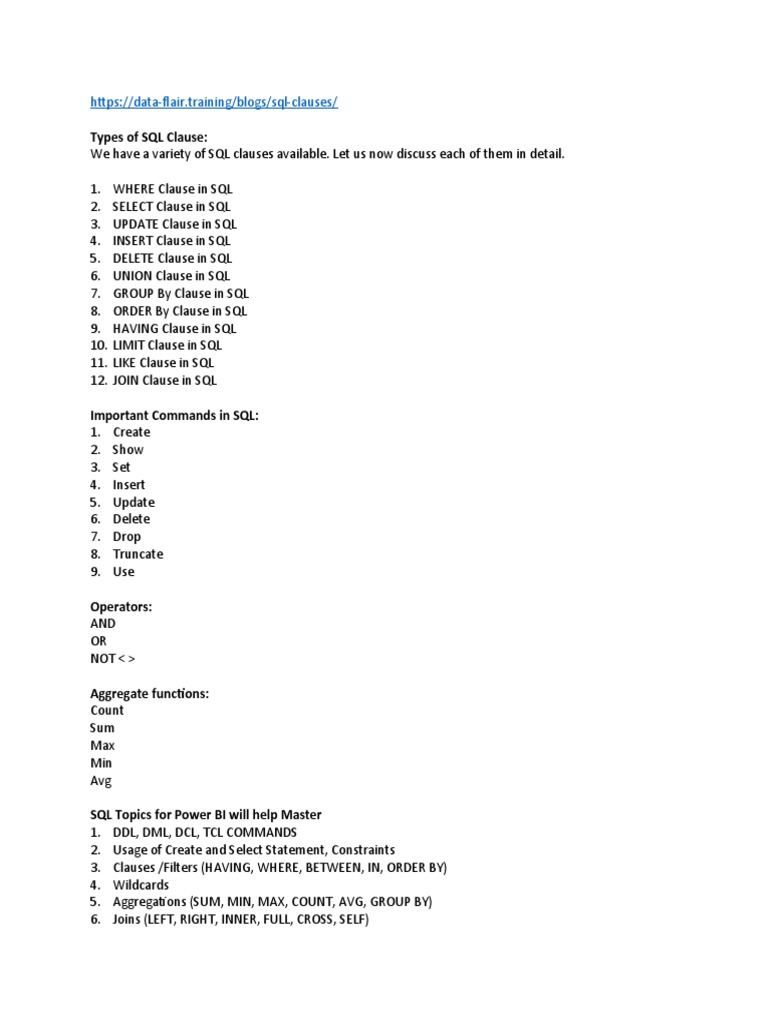 Types Of Sql Clause Pdf 