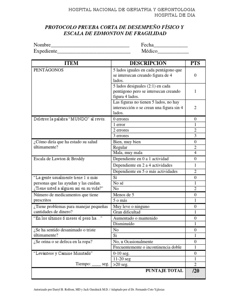 Protocolo Escala de Edmonton de Fragilidad | PDF