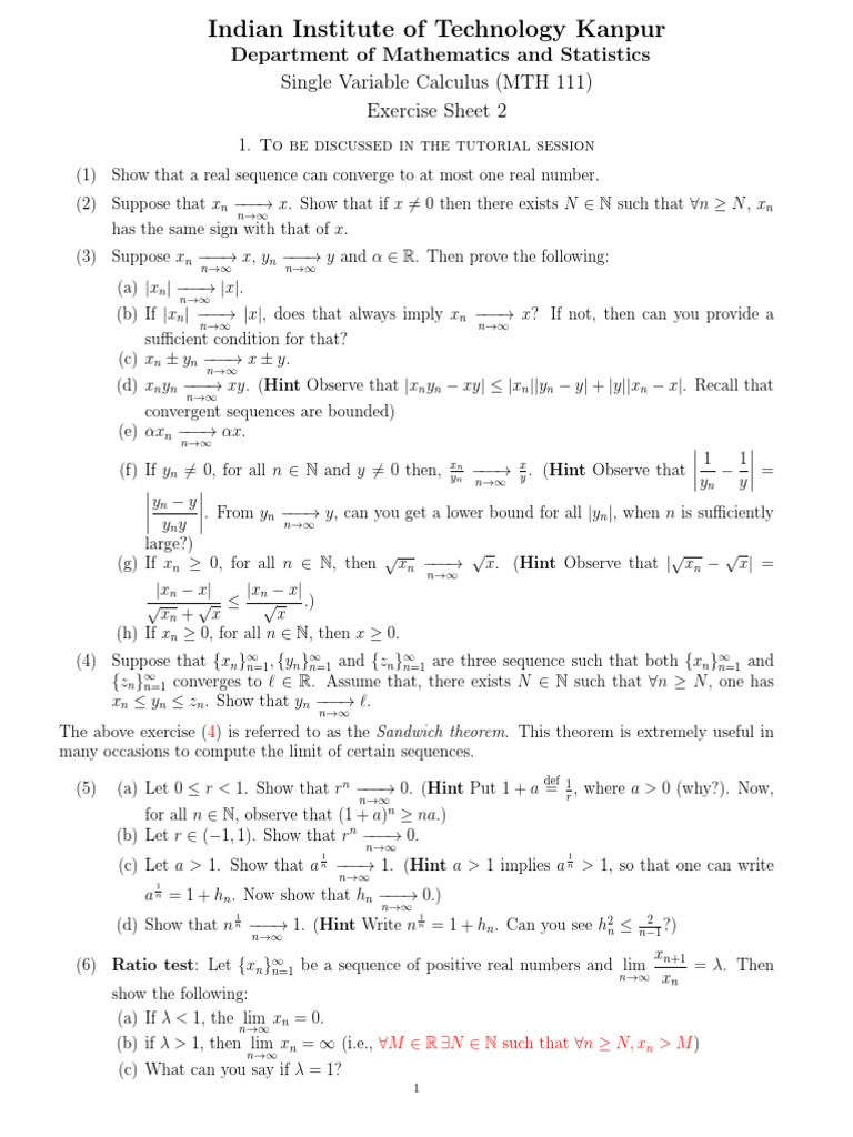 MTH 111 Exercise Sheet 2: Limits and Convergence | PDF | Limit ...