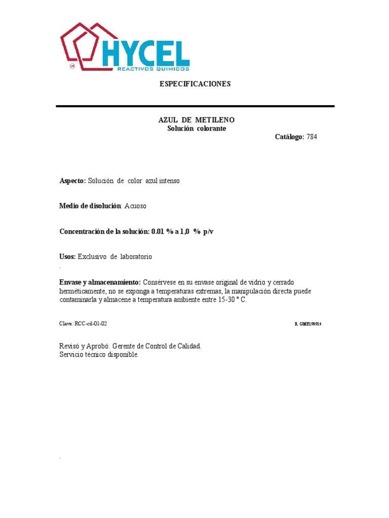 Especificaciones - Azul de Metileno - Cat 784 | PDF