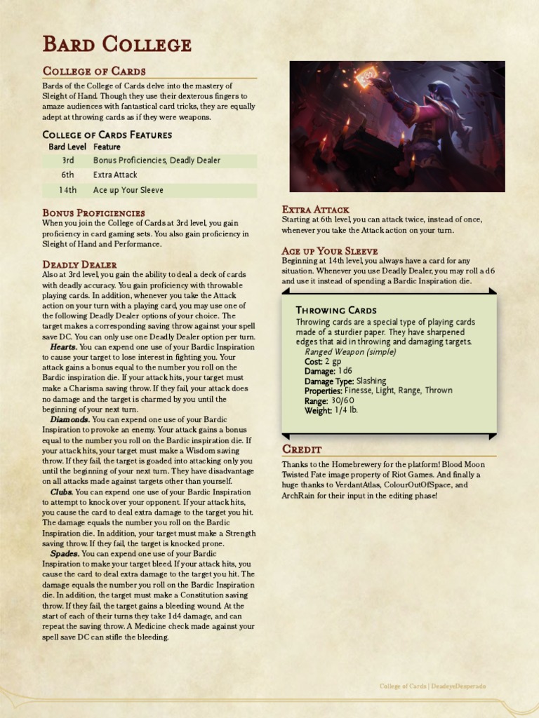 The Deadly Dealer: A Homebrew 5th Edition Bard College Dedicated to Card Mastery and Combat ...