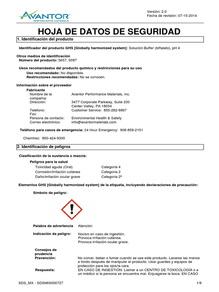 Hoja de Datos de Seguridad - Solución Buffer (Biftalato), PH 4 - J T Baker | PDF | Química ...