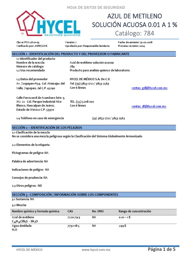 Hoja de Datos de Seguridad-Azul de Metileno Solución Acuosa 0,01 A 1%-784-Hycel | PDF | Residuos ...