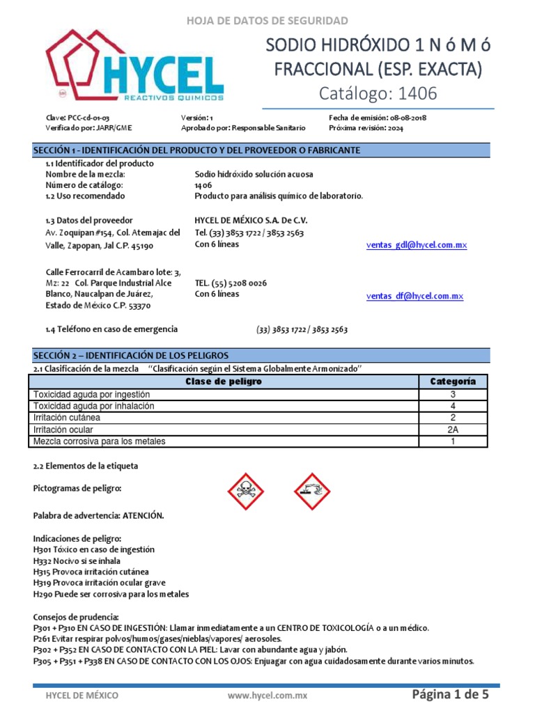 Hoja de Datos de Seguridad-Sodio Hidróxido 1N o M o Fraccional (Esp ...