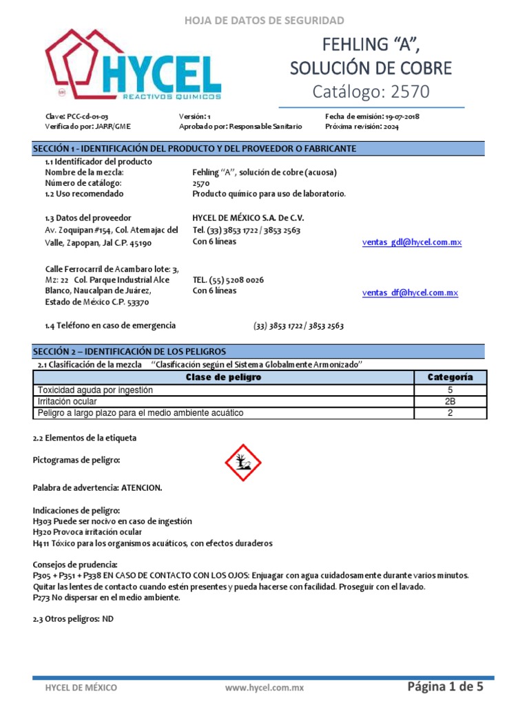 Hoja de Datos de Seguridad-Fehling A Solución de Cobre-2570-Hycel | PDF ...