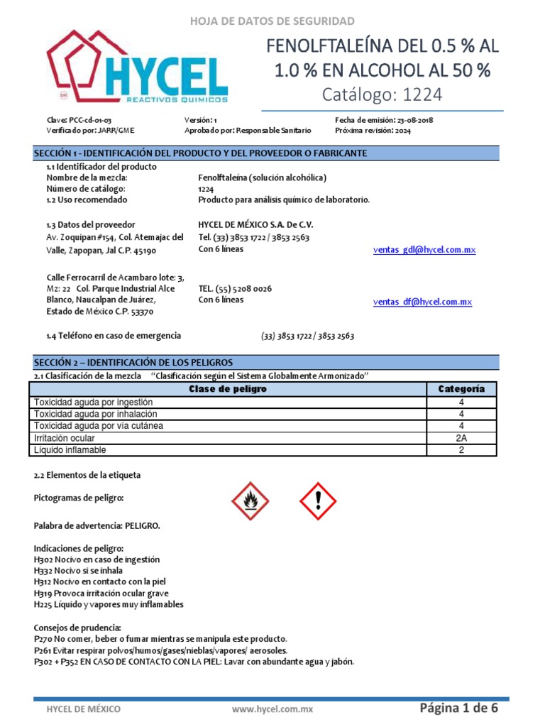 Hoja de Datos de Seguridad-Fenolftaleína Del 0,5% Al 1,0% en Alcohol Al ...