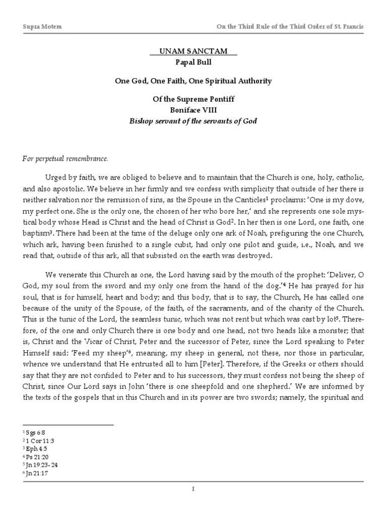 Unam Sanctam (Unofficial Translation) (1302) PDF | PDF | Catholic ...