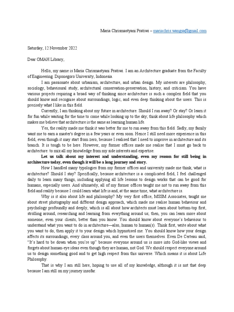 OMAH Library Motivation Letter - Maria Chrismastyani Pratiwi | PDF ...