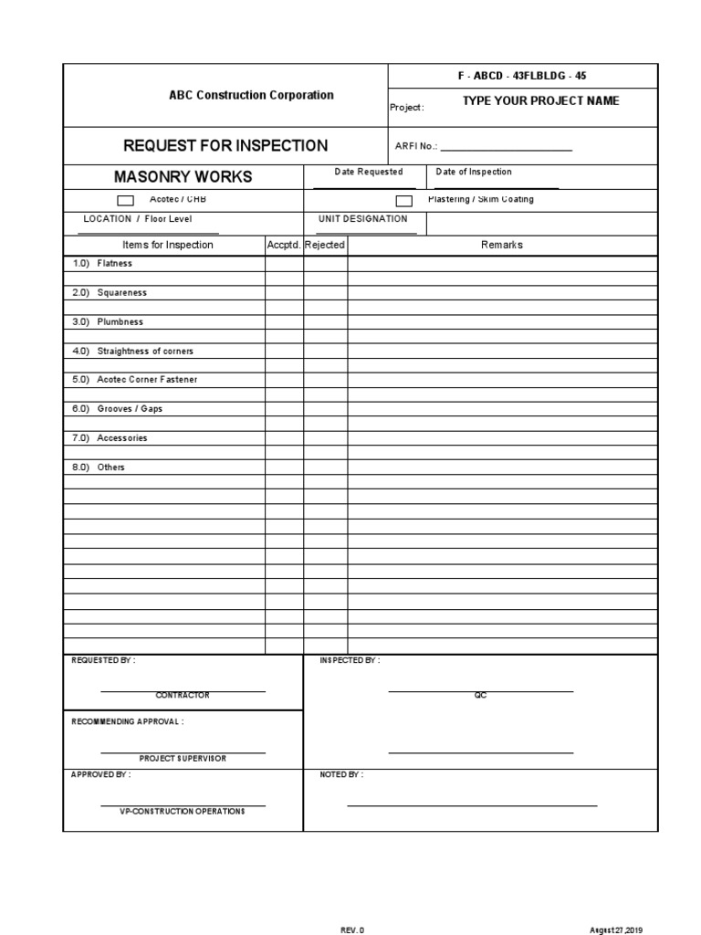 45-Request For Inspection Masonry Works | PDF
