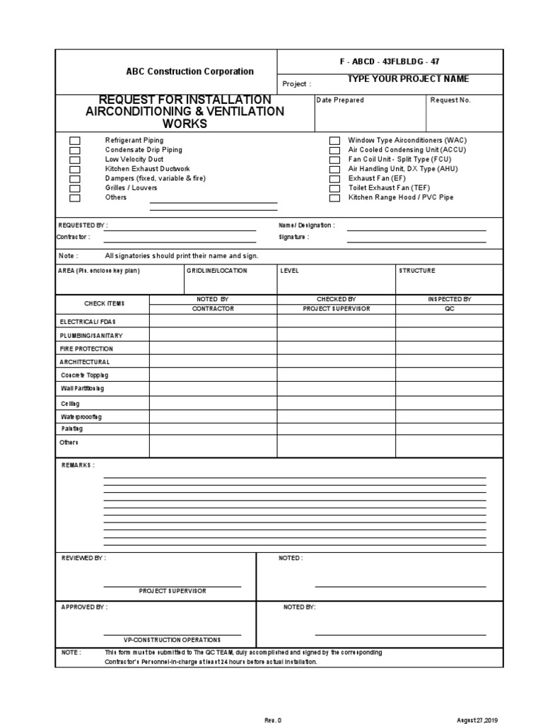HVAC Installation Request Form | PDF | Air Conditioning | Duct (Flow)