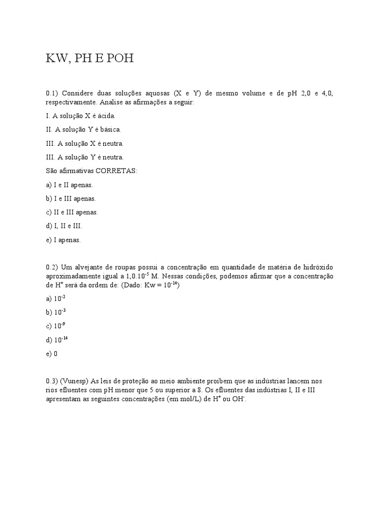 KW, PH E POH EXERCÍCIOS DE QUÍMICA | PDF | Ph | Ácido