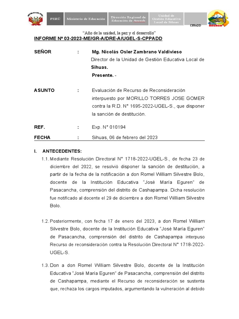 Informe Reconsideracion de Proceso Disciplinario para Docentes | PDF ...