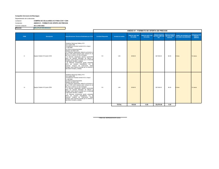 01.ANEXO - 01. Formato de Oferta. Compra Celulares A13 FFVV CCN y CDN | PDF | Electrónica ...