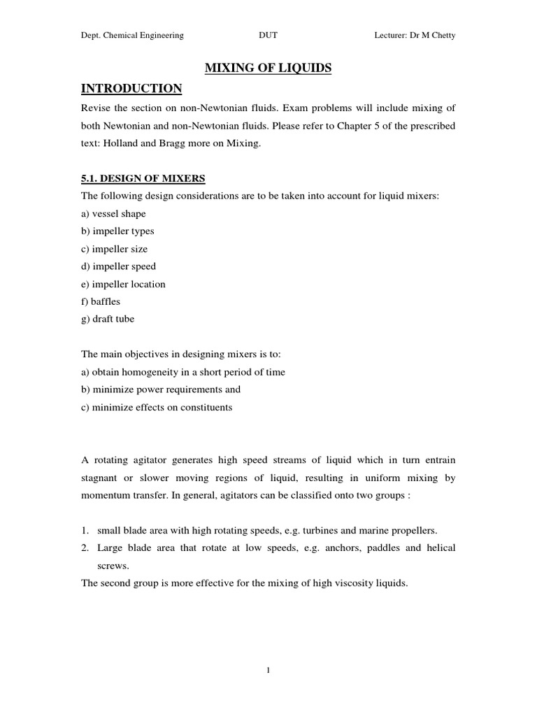 Lecture Notes Mixing Pffl101 For 2020 Mc Pdf Shear Stress Viscosity