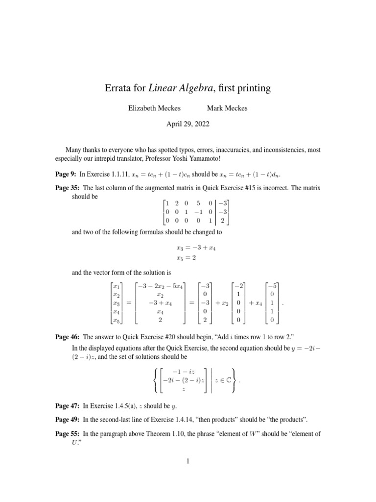 Errata - Updated April 2022 Errata For Linear Algebra, First Printing ...